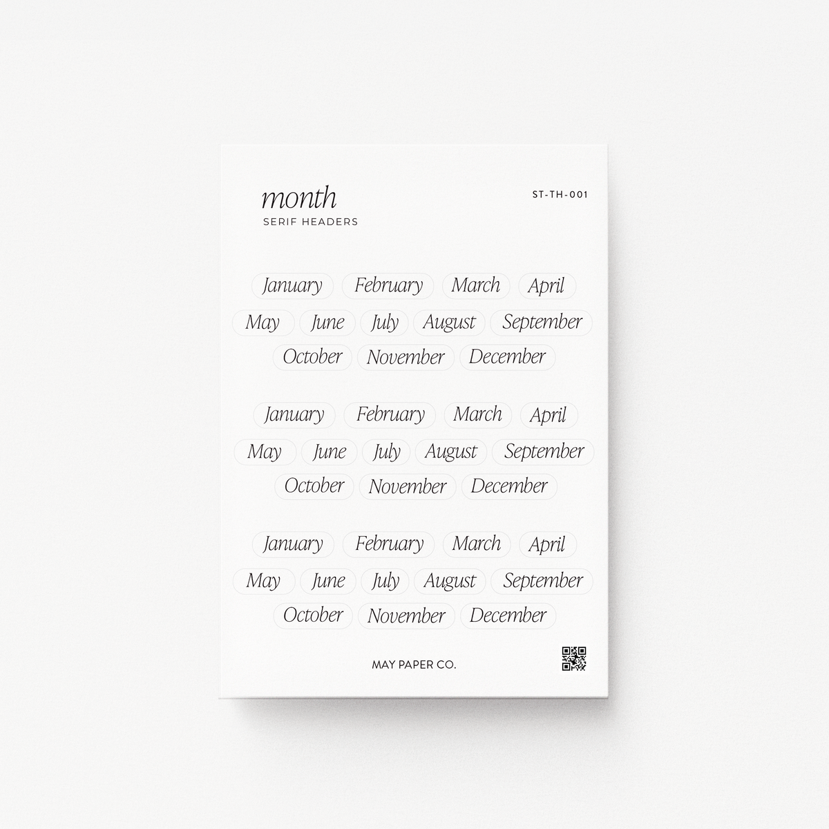 Serif Month | Transparent Header Stickers | MAY PAPER CO.