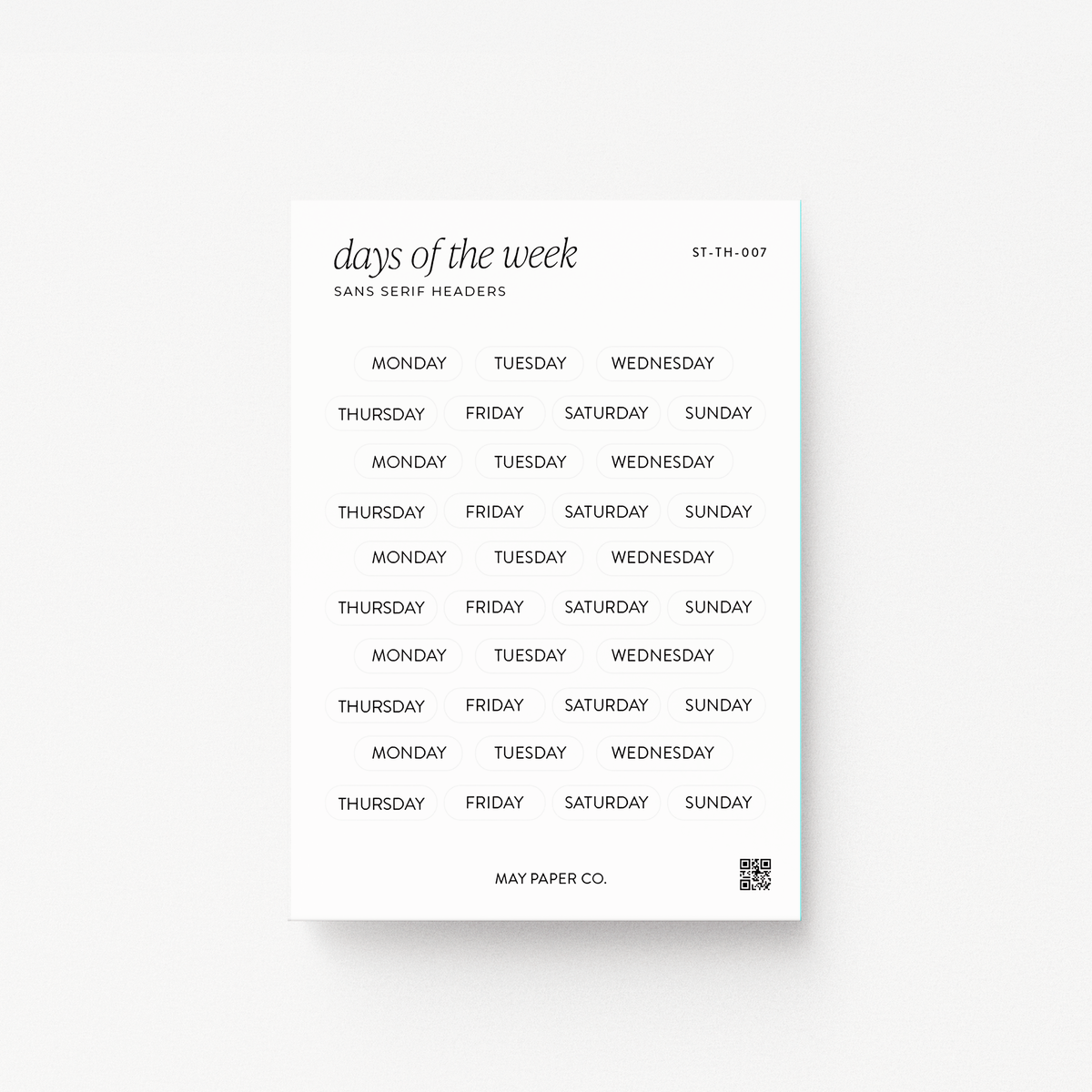 Sans Serif Days of the Week | Transparent Header Stickers | MAY PAPER CO.
